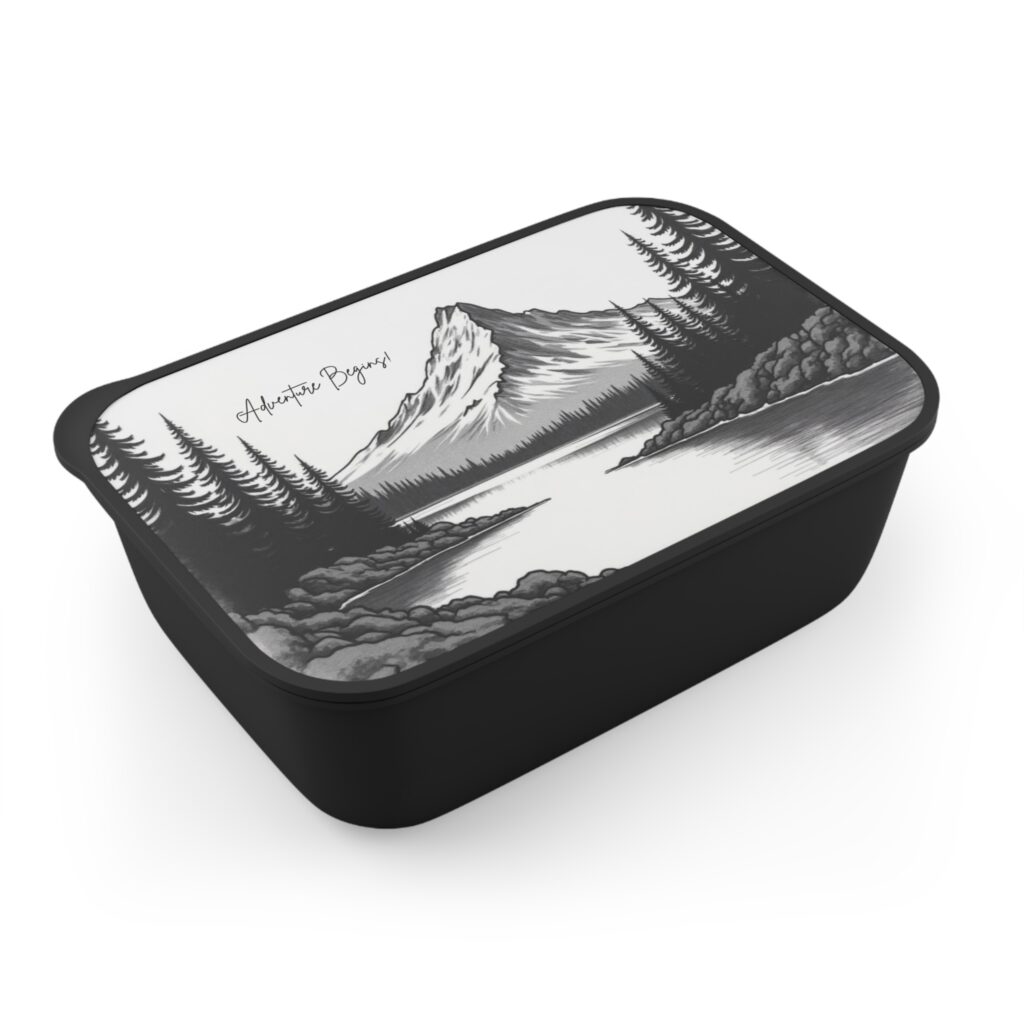 Eco Hiking Lunch Box | Charcoal Nature Art Design + Utensils Included ...